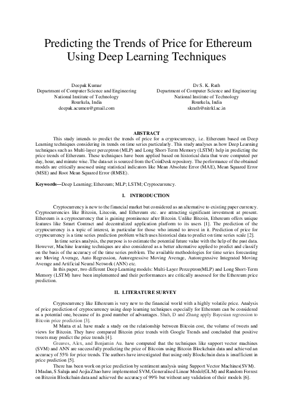 (PDF) Predicting the Trends of Price for Ethereum Using Deep Learning Techniques