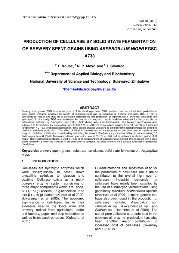 (PDF) Production of Cellulase by Solid State Fermentation of Brewery Spent Grains Using ...