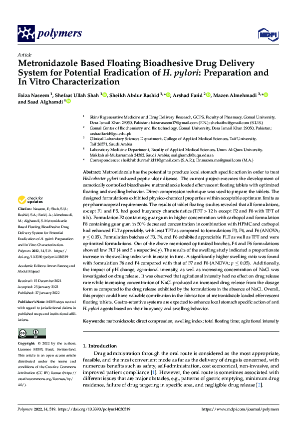 Pdf Metronidazole Based Floating Bioadhesive Drug Delivery System For