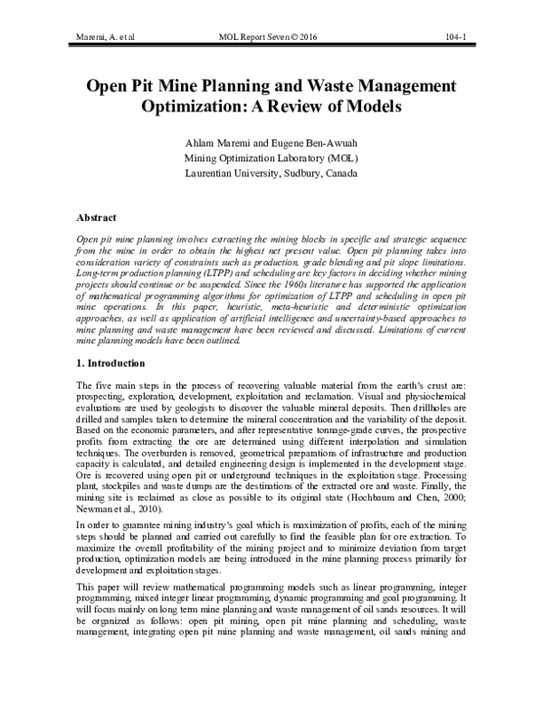 (PDF) Open Pit Mine Planning and Waste Management Optimization: A Review of Models