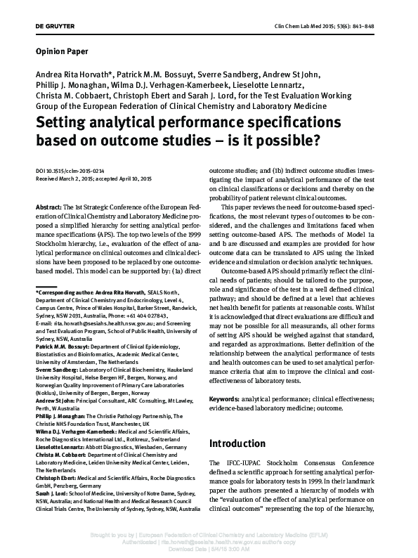 (PDF) Setting analytical performance specifications based on outcome ...