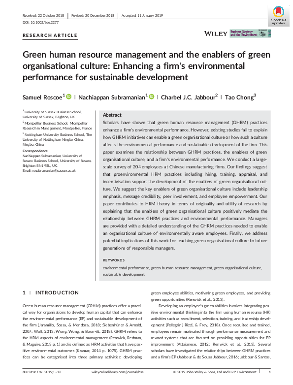 (PDF) Green human resource management and the enablers of green ...