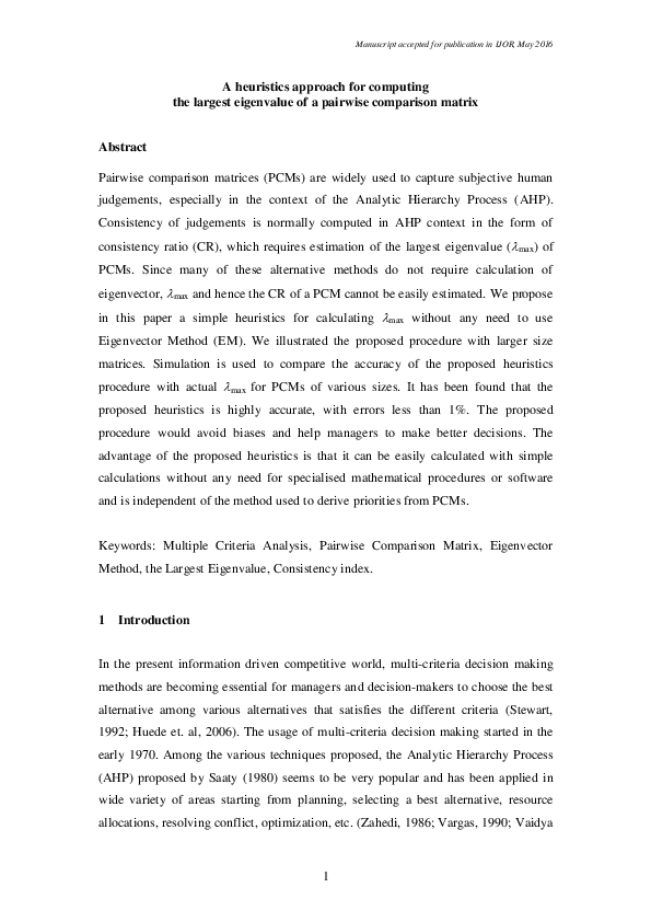 (PDF) A heuristics approach for computing the largest eigenvalue of a pairwise comparison matrix