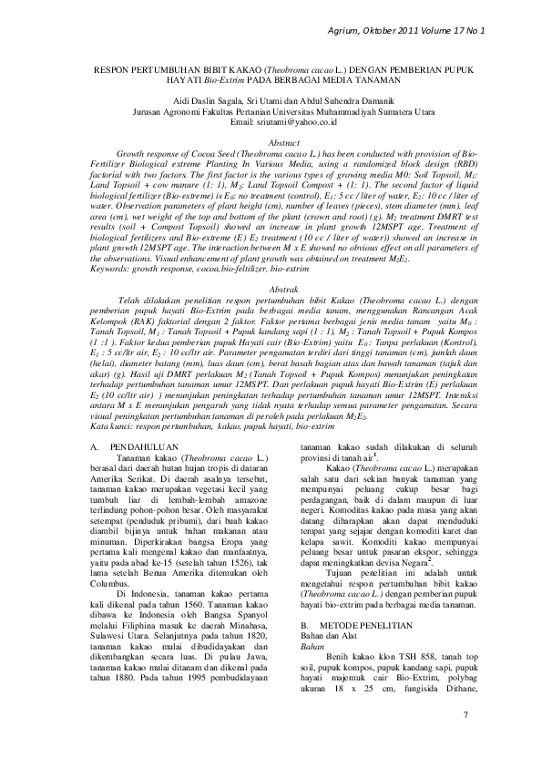 (PDF) RESPON PERTUMBUHAN BIBIT KAKAO (Theobroma cacao L.) DENGAN ...