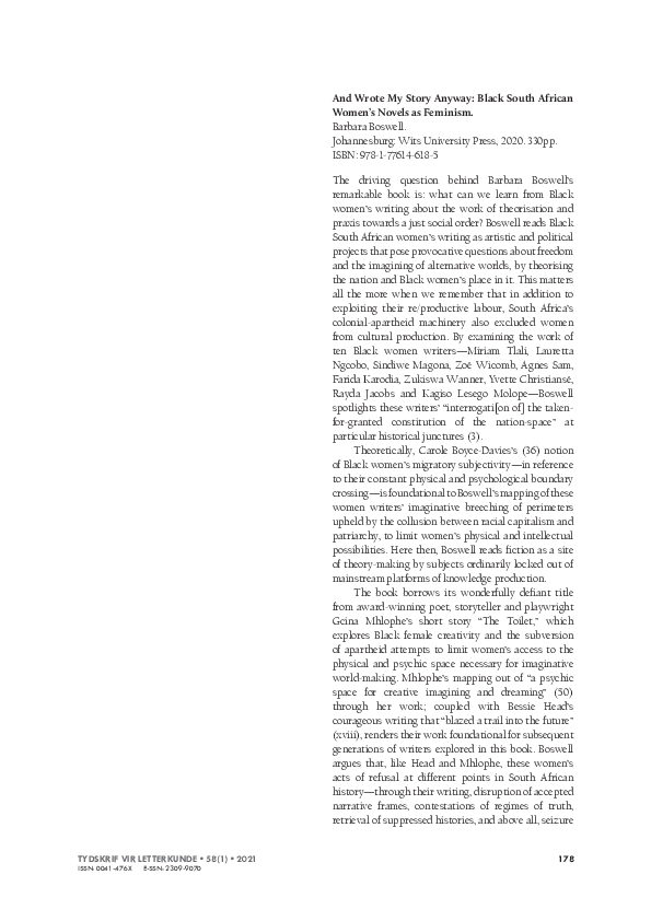 (PDF) And Wrote My Story Anyway: Black South African Women’s Novels as ...