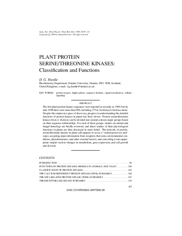 (PDF) PLANT PROTEIN SERINE/THREONINE KINASES: Classification and Functions