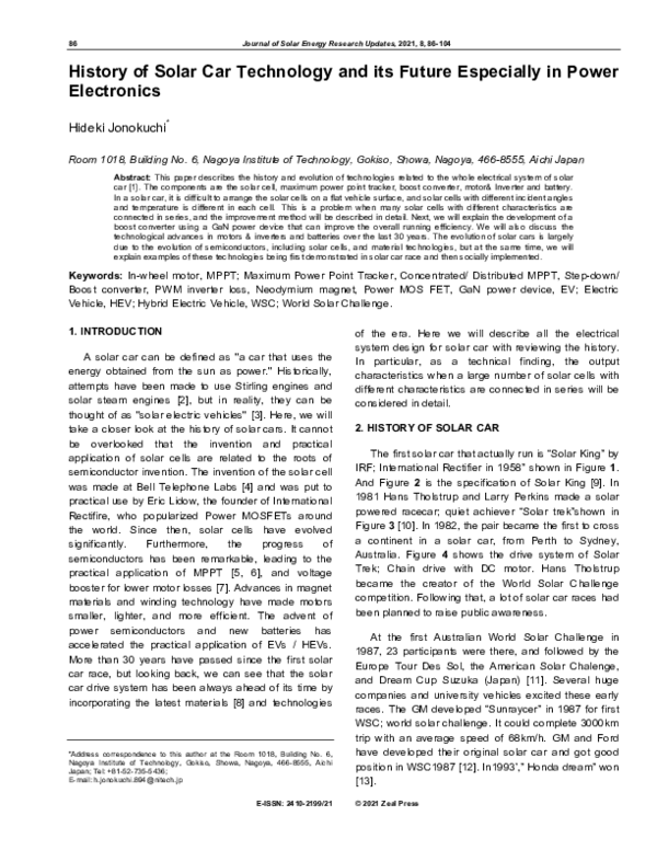 (PDF) History of Solar Car Technology and its Future Especially in ...