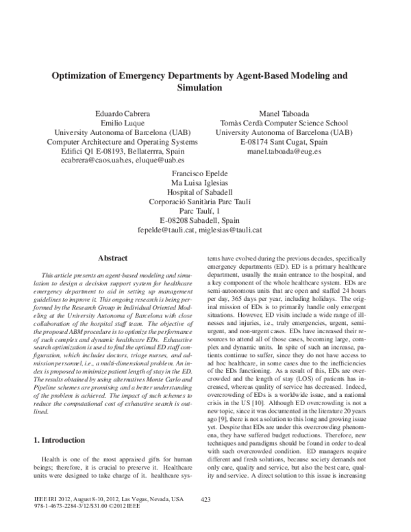 (PDF) Optimization of emergency departments by agent-based modeling and ...