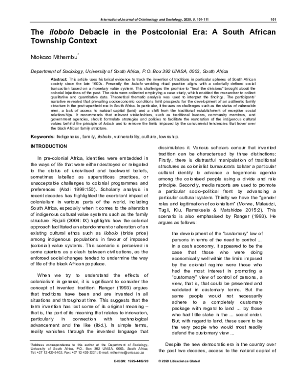 (PDF) The ilobolo Debacle in the Postcolonial Era: A South African ...