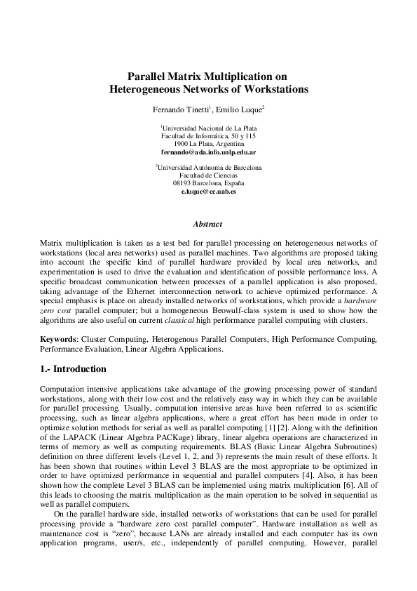 (PDF) Parallel matrix multiplication on heterogeneous networks of workstations