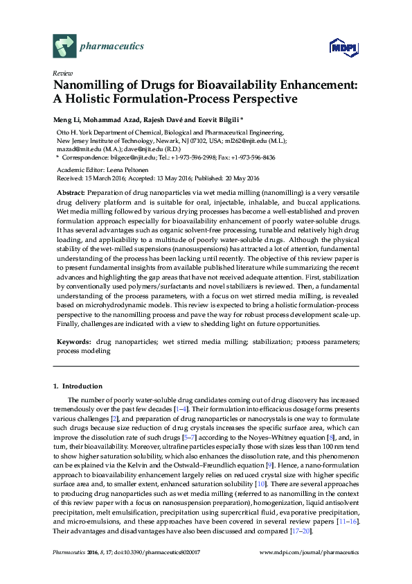 (PDF) Nanomilling of Drugs for Bioavailability Enhancement: A Holistic ...