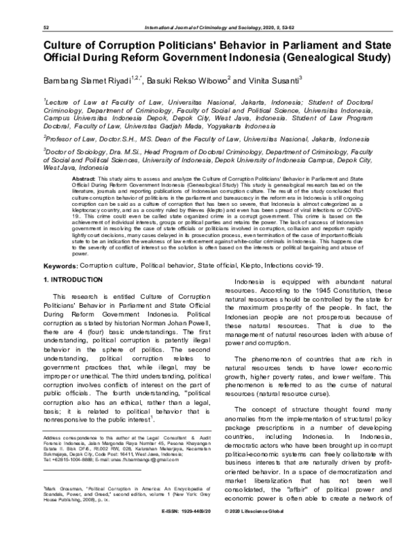 (PDF) Culture of Corruption Politicians' Behavior in Parliament and ...