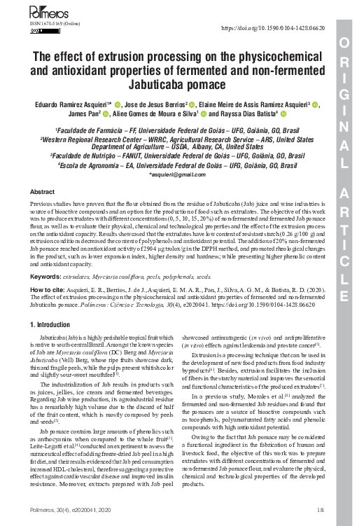 (PDF) The effect of extrusion processing on the physicochemical and antioxidant properties of ...