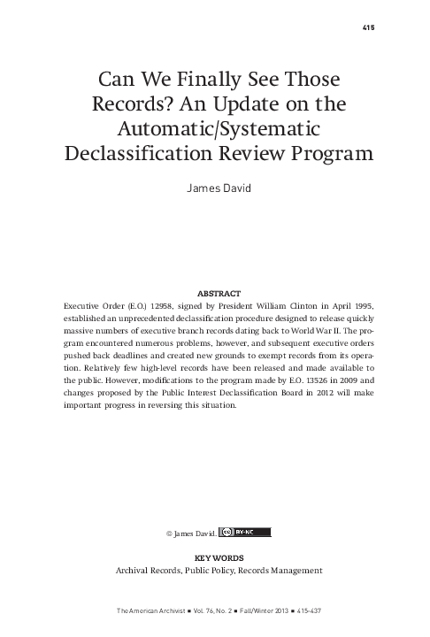 (PDF) Can We Finally See Those Records? An Update on the Automatic/Systematic Declassification ...