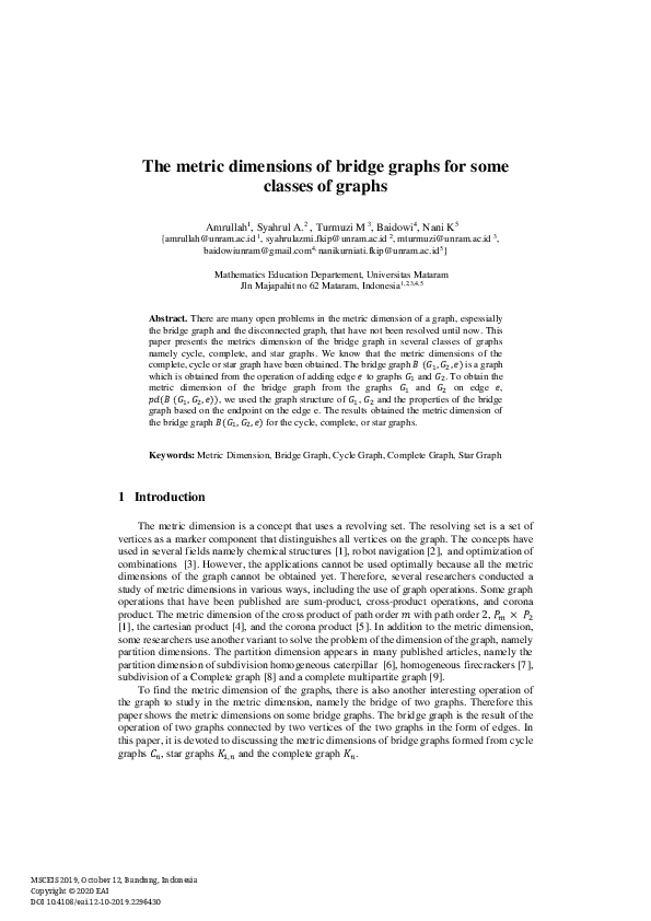 (PDF) The metric dimensions of bridge graphs for some classes of graphs