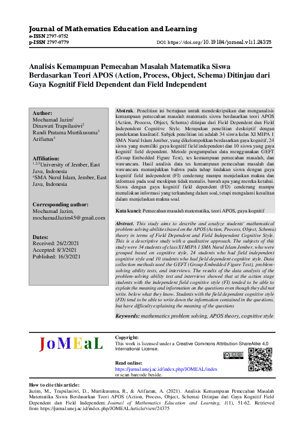 (PDF) Analisis Kemampuan Pemecahan Masalah Matematika Siswa Berdasarkan Teori APOS (Action ...