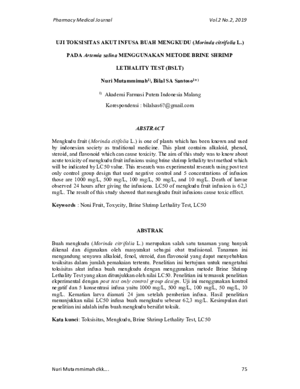(PDF) UJI TOKSISITAS AKUT INFUSA BUAH MENGKUDU (Morinda citrifolia L.) PADA Artemia salina ...