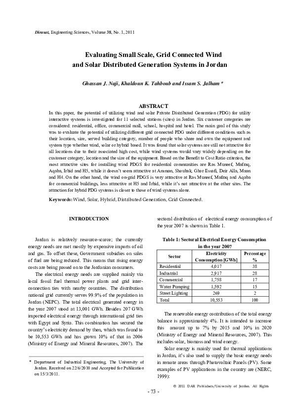 (PDF) Evaluating Small Scale, Grid Connected Wind and Solar Distributed Generation Systems in Jordan