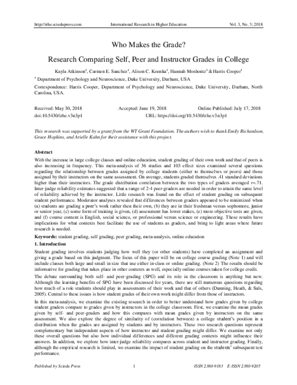 (PDF) Who Makes the Grade? Research Comparing Self, Peer and Instructor ...