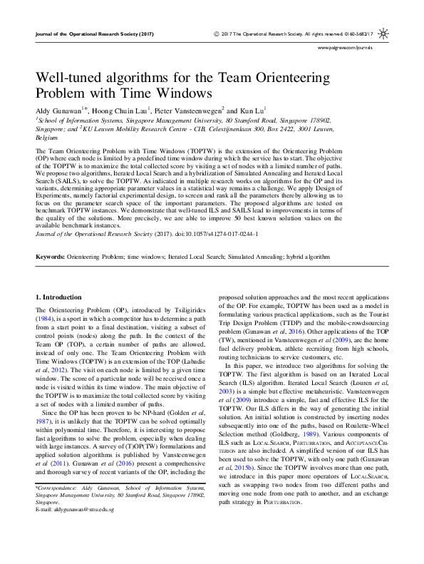 (PDF) Well-tuned algorithms for the Team Orienteering Problem with Time Windows