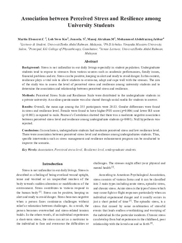 (PDF) Association between Perceived Stress and Resilience among University Students
