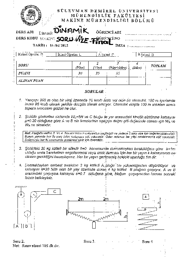 (PDF) DİNAMİK ( vize-final sorular )