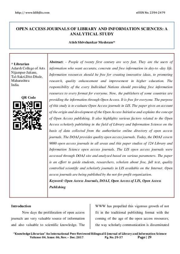 (PDF) Open Access Journals of Library and Information Sciences: A ...