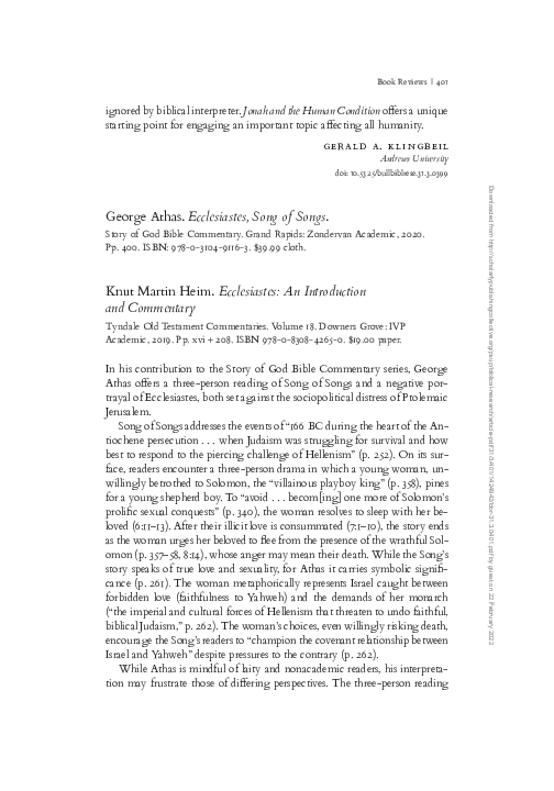 (PDF) George Athas, "Ecclesiastes, Song of Songs" SOG, and Knut Heim ...