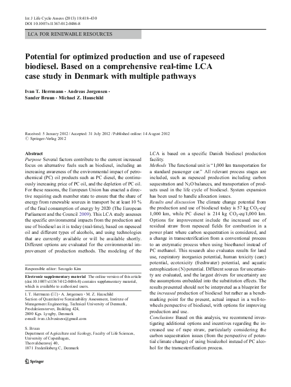(PDF) Potential for optimized production and use of rapeseed biodiesel ...