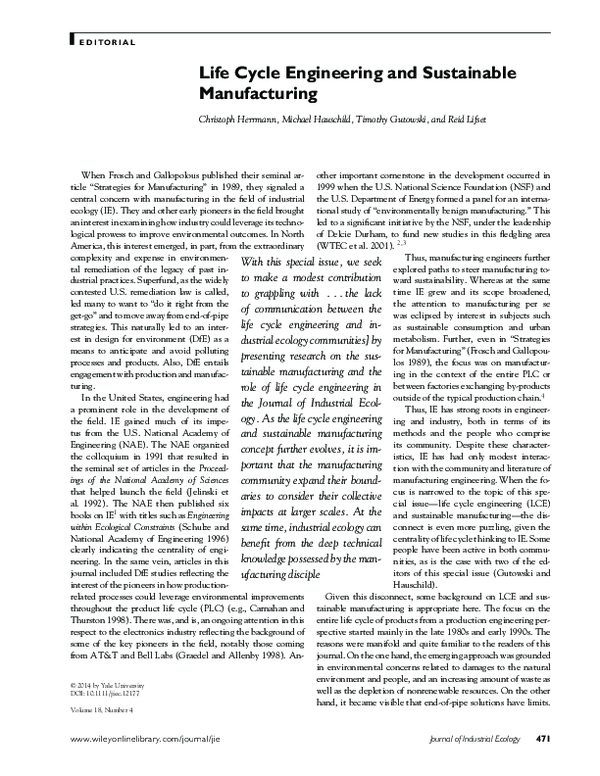 (PDF) Life Cycle Engineering and Sustainable Manufacturing