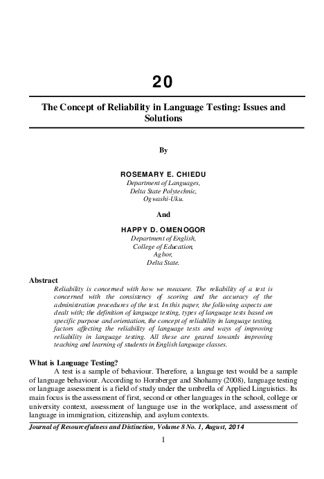 (PDF) The Concept of Reliability in Language Testing: Issues and Solutions