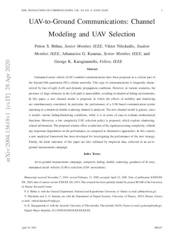 (PDF) UAV-to-Ground Communications: Channel Modeling and UAV Selection