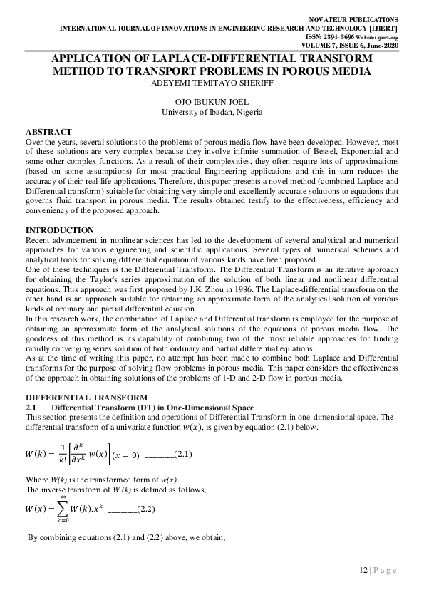 (PDF) APPLICATION OF LAPLACE-DIFFERENTIAL TRANSFORM METHOD TO TRANSPORT PROBLEMS IN POROUS MEDIA