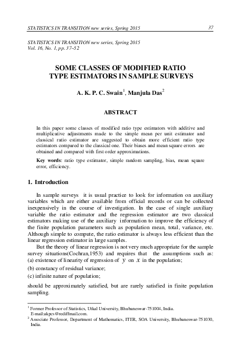 Pdf Some Classes Of Modified Ratio Type Estimators In Sample Surveys