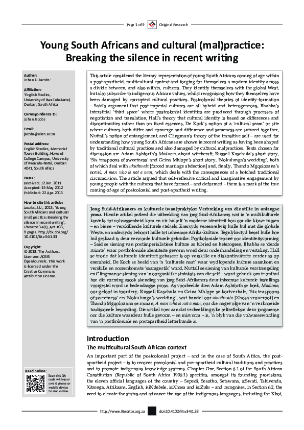 (PDF) Young South Africans and cultural (mal)practice: Breaking the ...