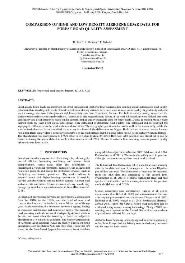 (PDF) Comparison of High and Low Density Airborne Lidar Data for Forest Road Quality Assessment