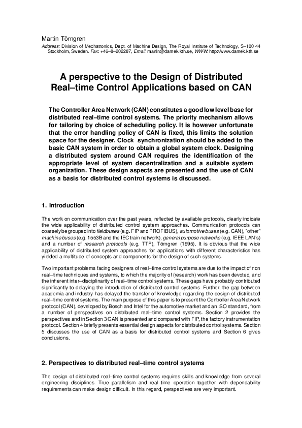 (PDF) A perspective to the design of distributed real-time control applications based on CAN