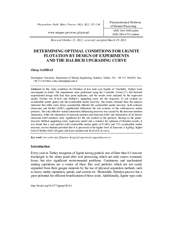 (PDF) Physicochemical Problems of Mineral Processing DETERMINING OPTIMAL CONDITIONS FOR LIGNITE ...