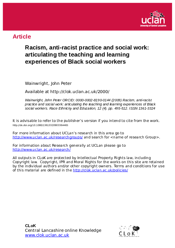 (PDF) Racism, anti‐racist practice and social work: articulating the ...