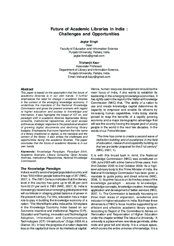 (PDF) Future of Academic Libraries in India: Challenges and Opportunities