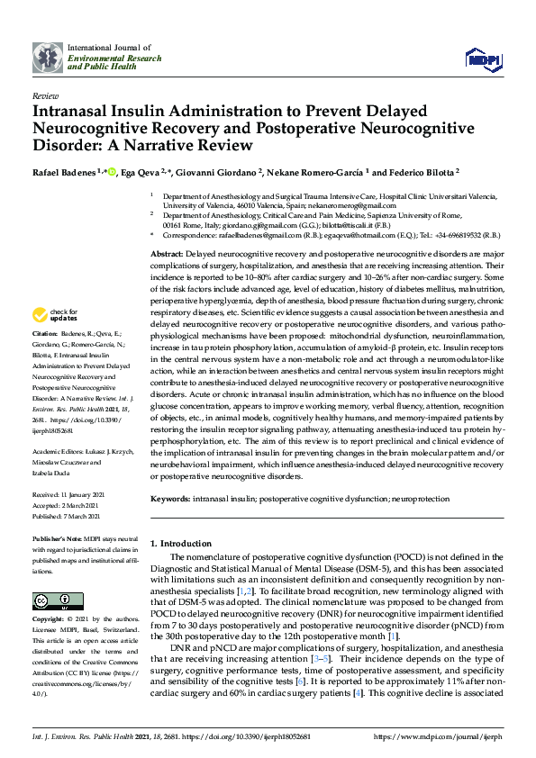 (PDF) Intranasal Insulin Administration to Prevent Delayed ...