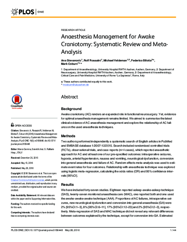 (PDF) Anaesthesia Management for Awake Craniotomy: Systematic Review and Meta-Analysis