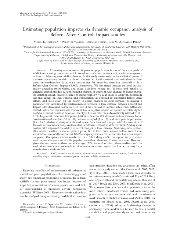 Pdf Estimating Population Impacts Via Dynamic Occupancy Analysis Of