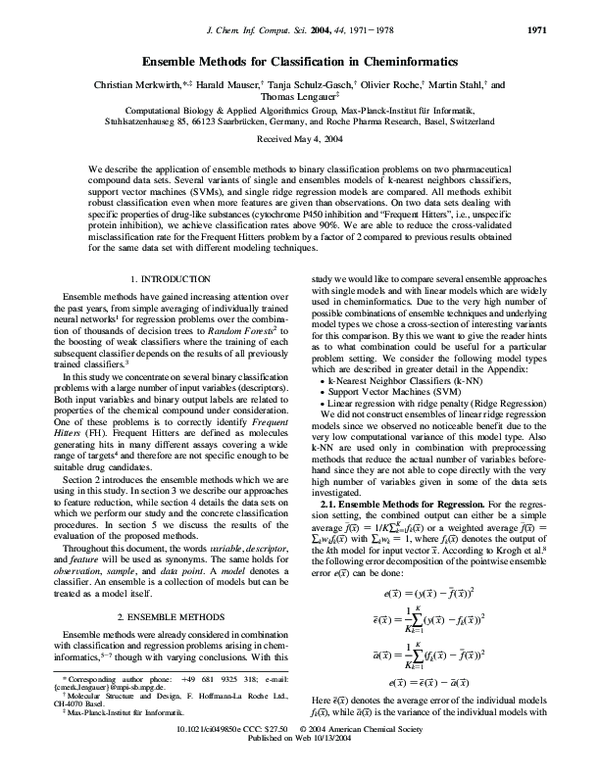 (PDF) Ensemble Methods for Classification in Cheminformatics