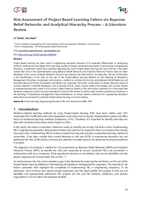 (PDF) Risk Assessment of Project Based Learning Failure via Bayesian Belief Networks and ...