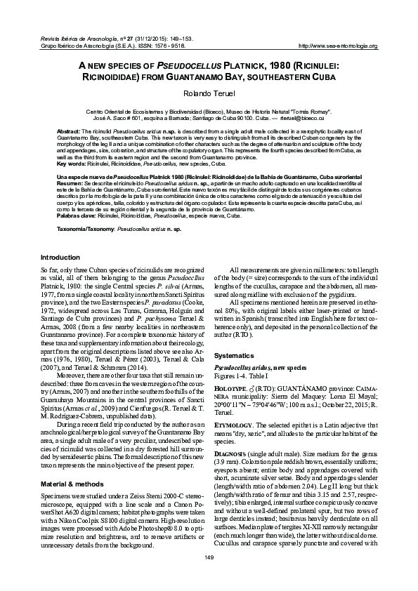 (PDF) A new species of "Pseudocellus" Platnick, 1980 (Ricinulei ...
