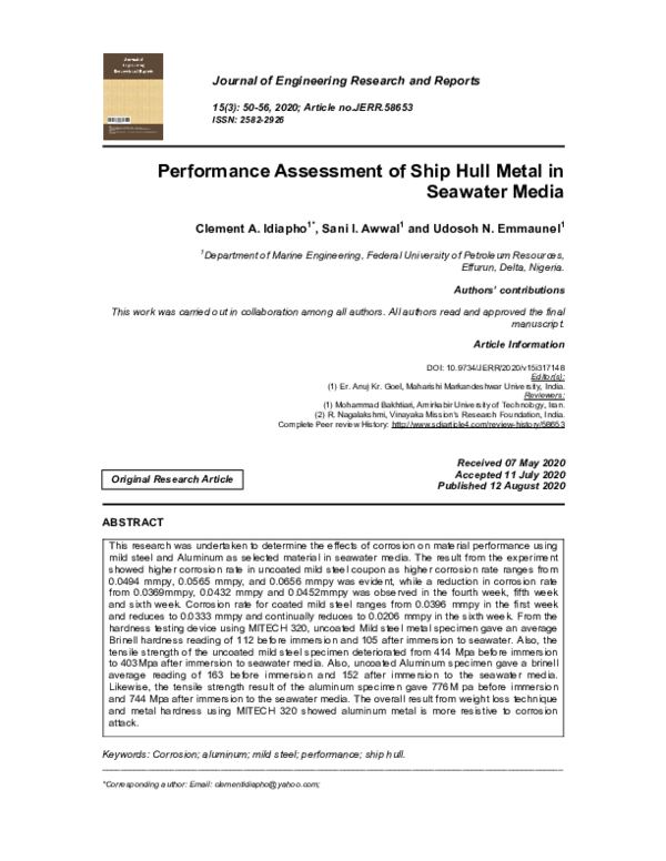 (PDF) Performance Assessment of Ship Hull Metal in Seawater Media