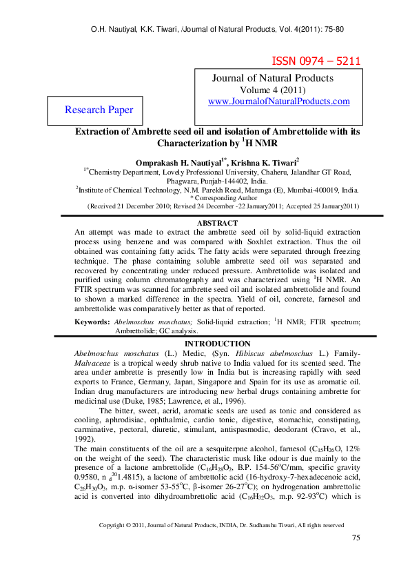 (PDF) Extraction of Ambrette seed oil and isolation of Ambrettolide ...