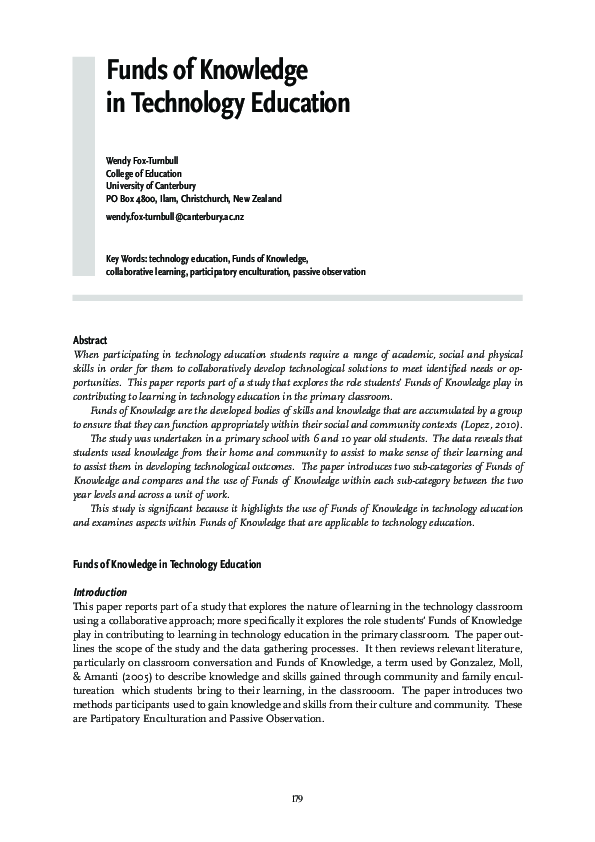 (PDF) Funds of Knowledge in Technology Education | Wendy Fox-Turnbull ...