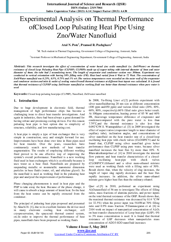 Pdf Experimental Analysis On Thermal Performance Ofclosed Loop Pulsating Heat Pipe Using Zno